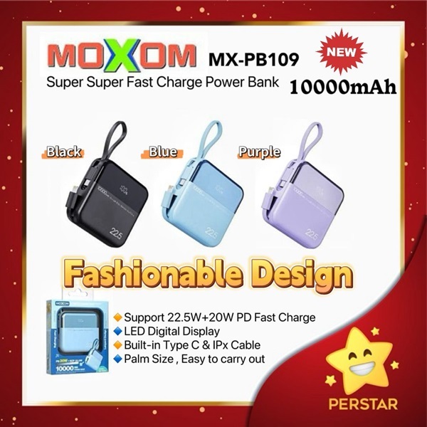 MOXOM MX-PB109 10000mAh Support 22.5W+20W PD Super Fast Charge Power Bank with built-in Type C ...