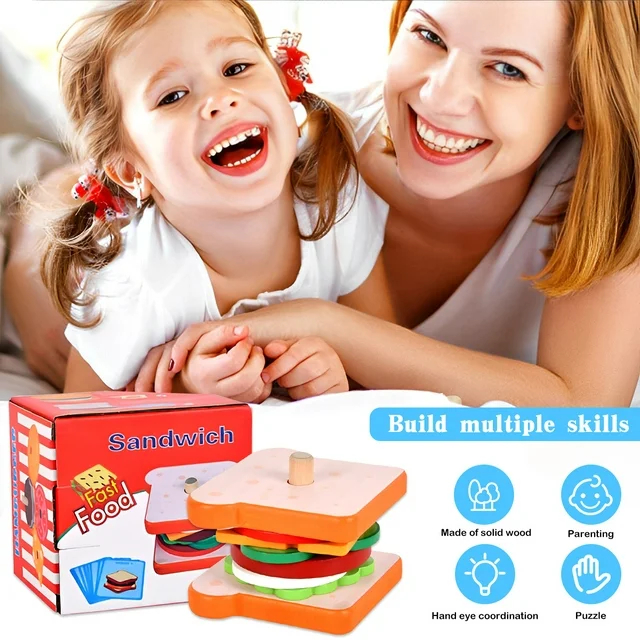 ToyBtoys Wood Stacking Burger Sandwich Color Sorting Stacker Toy for 3 ...