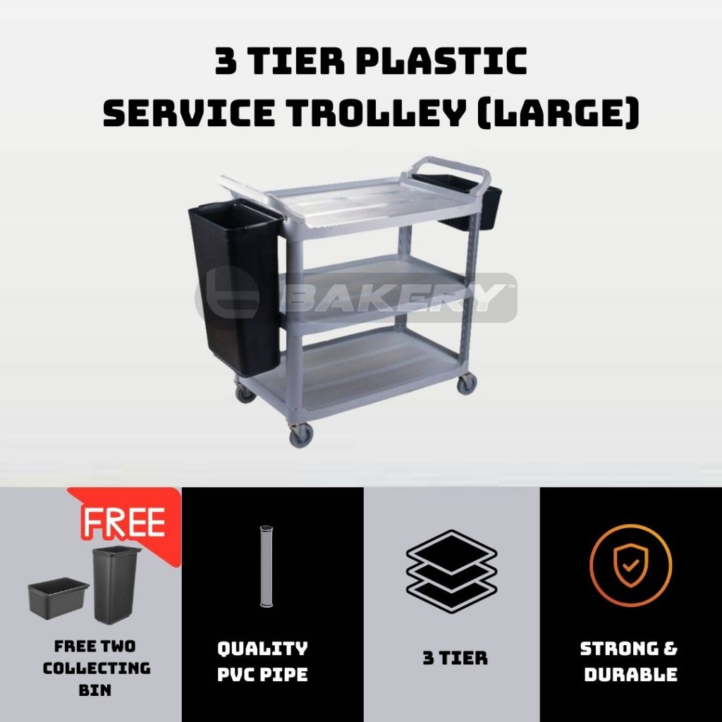 BAKERY Restaurant Dining 3 Tier Plastic Food Kitchen Trolley Cart/Troli ...