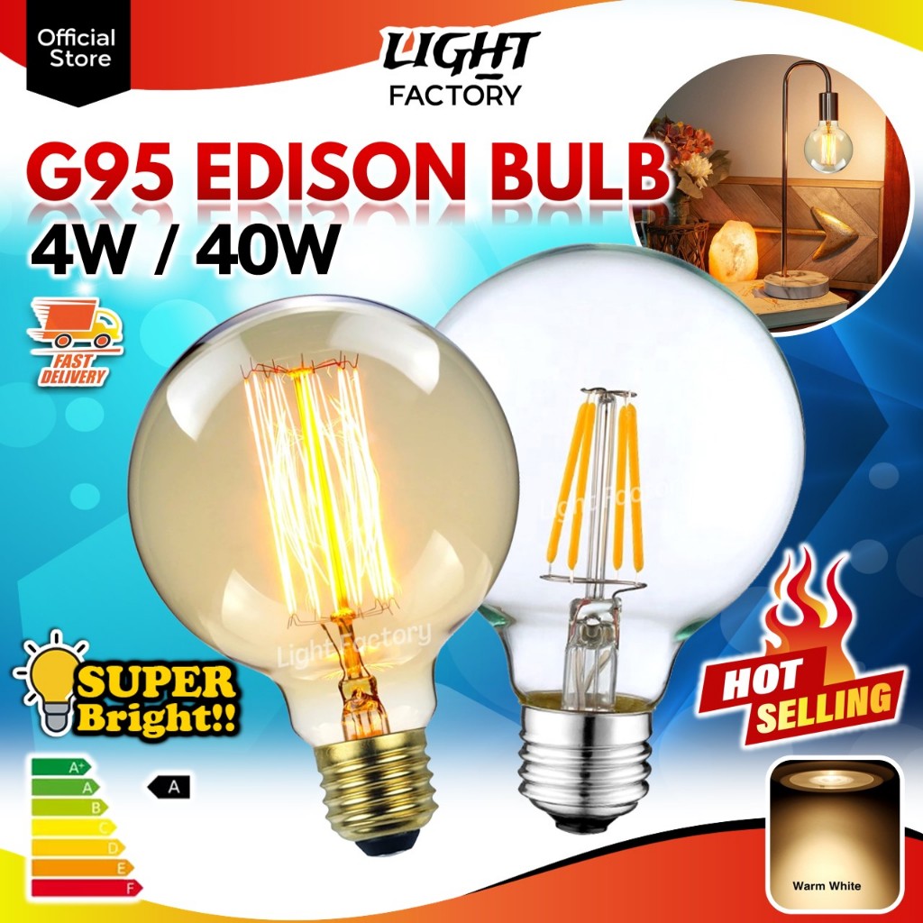 LED Edison Filament Bulb G95 Antique LED Bulb 4W / 40W G95 E27 Vintage Light Bulb Warmwhite ...