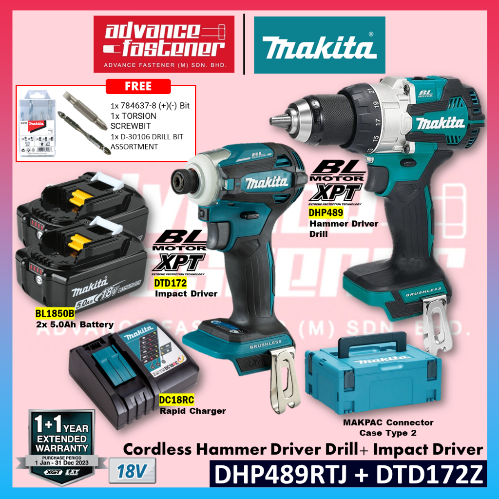 Makita 18V LXT Cordless Combo Set ( DHP489RTJ Cordless Hammer Driver Drill + DTD172Z Cordless ...