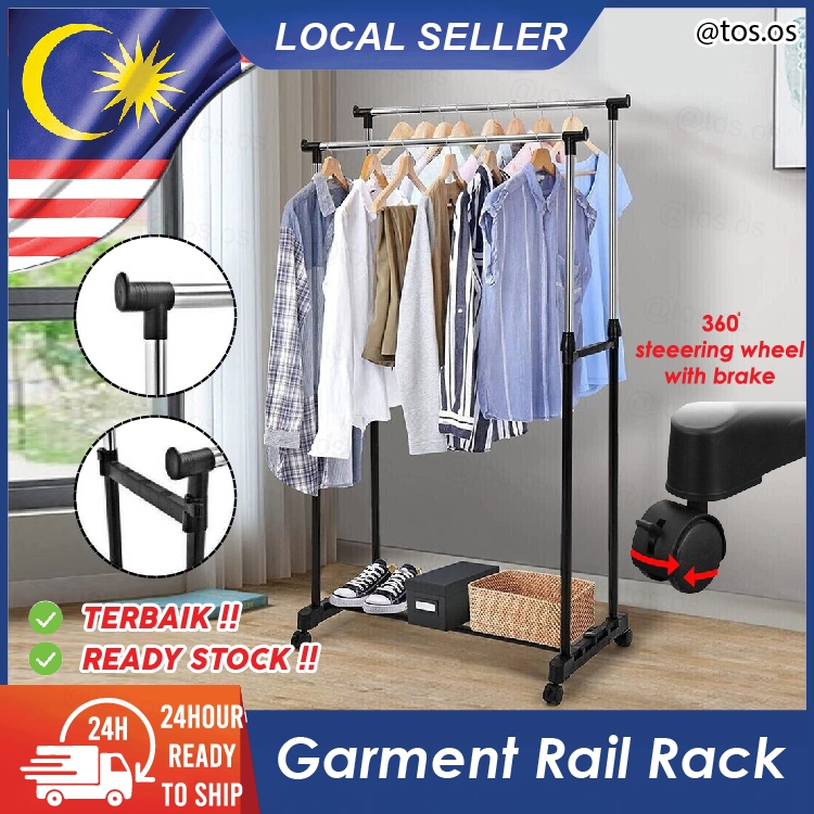 Adjustable Single Double Pole Clothes Rack Garment Hanging Rail Wheels ...