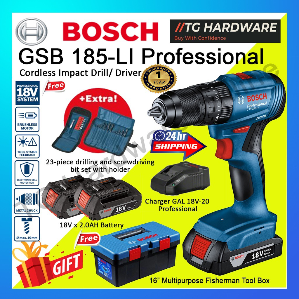 ⚡Bosch GSB 185-LI Professional Cordless Impact Drill Driver 18V 180-LI⚡ + 23pcs Accessories Set ...