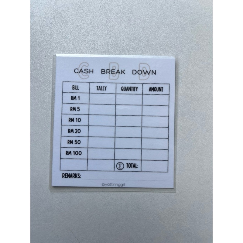 CASH BREAKDOWN CARD | TELLER SLIP CARD | Laminated card | Shopee Malaysia