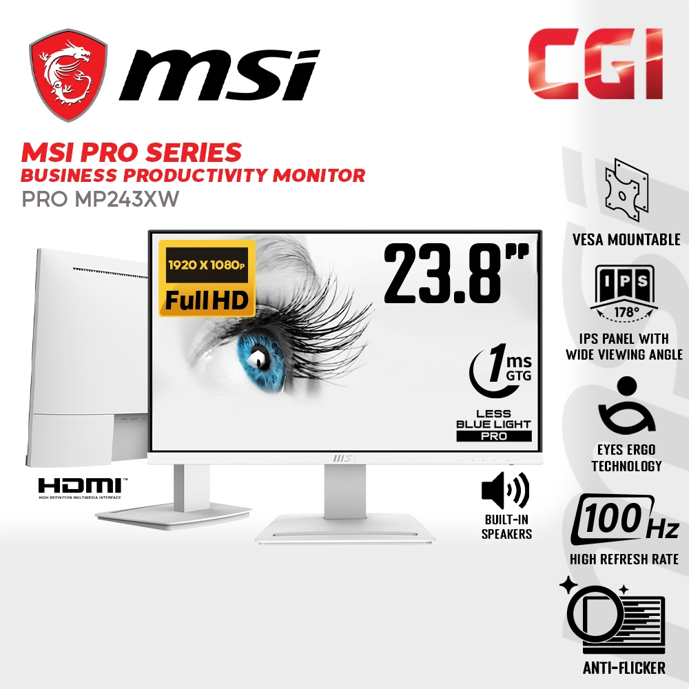 MSI Pro 23.8" MP243XW IPS FHD Freesync 100Hz 1ms Build in Speaker Eyes ...