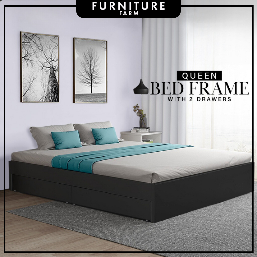 F&F: Snow Series Queen 2 drawer Bed frame / Wooden Queen Bed Frame ...