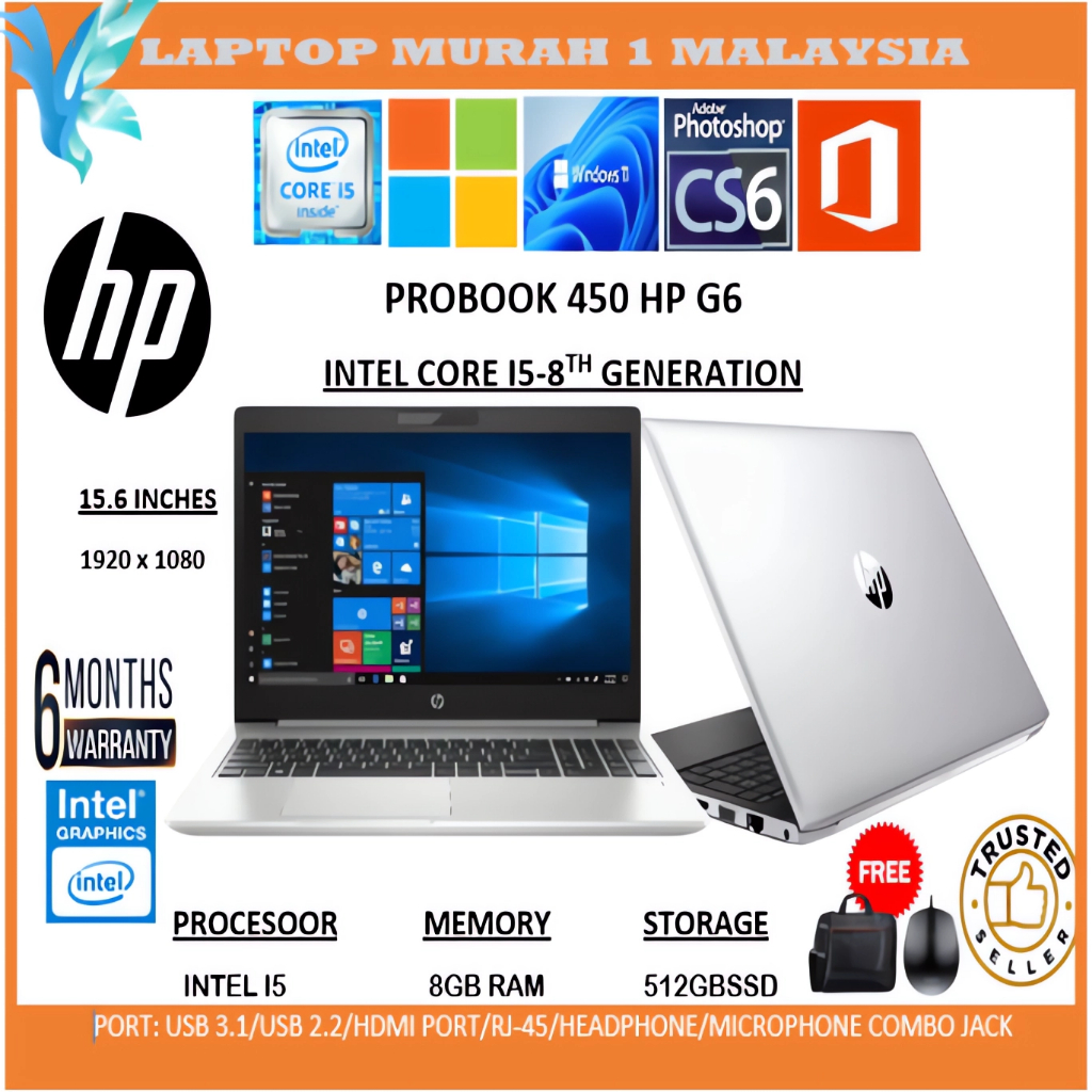 HP PROBOOK 450 G6 INTEL CORE I5-8TH GENERATION 15.6 INC/ 8GB RAM/512GB SSD/WINDOWS 11 PRO/GRADE ...