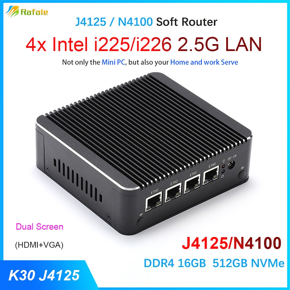 K30 Fanless Mini PC Soft Router Celeron J4125 4xIntel i225/i226 2.5G ...