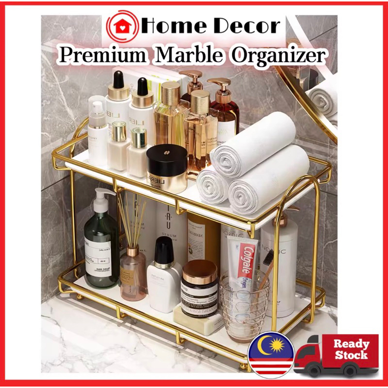 HomeDecorMY Marble Rack Shelf 2 Tier Marble Glass Tray Makeup Perfume ...