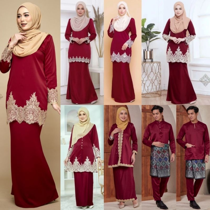 (XS - 6XL) MAROON KURUNG PAYUNG LACE KEBAYA KEBARUNG LACE BAJU MELAYU ...