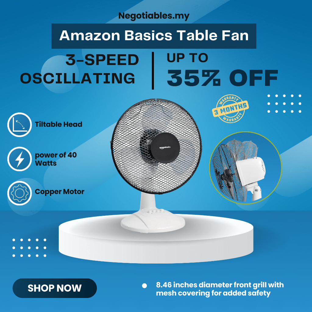 Amazon Basics 3-Speed Oscillating 20 inch Table Desk Fan with Tiltable ...