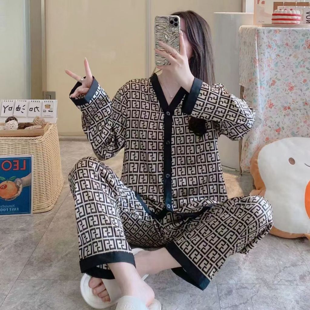 2 in 1 Set Korean Design Pyjamas Women Long Sleeve Silk Sleepwear ...