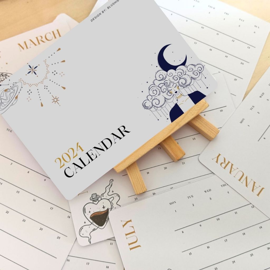 2024 calendar Minimalistic Black and Gold design with free wooden stand ...