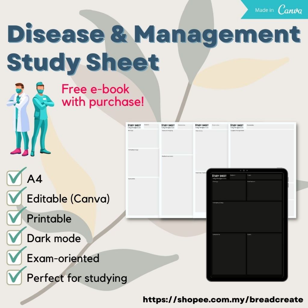 Disease & Management Study Sheet Template: Medicine Clinical Editable Printable Digital Note ...