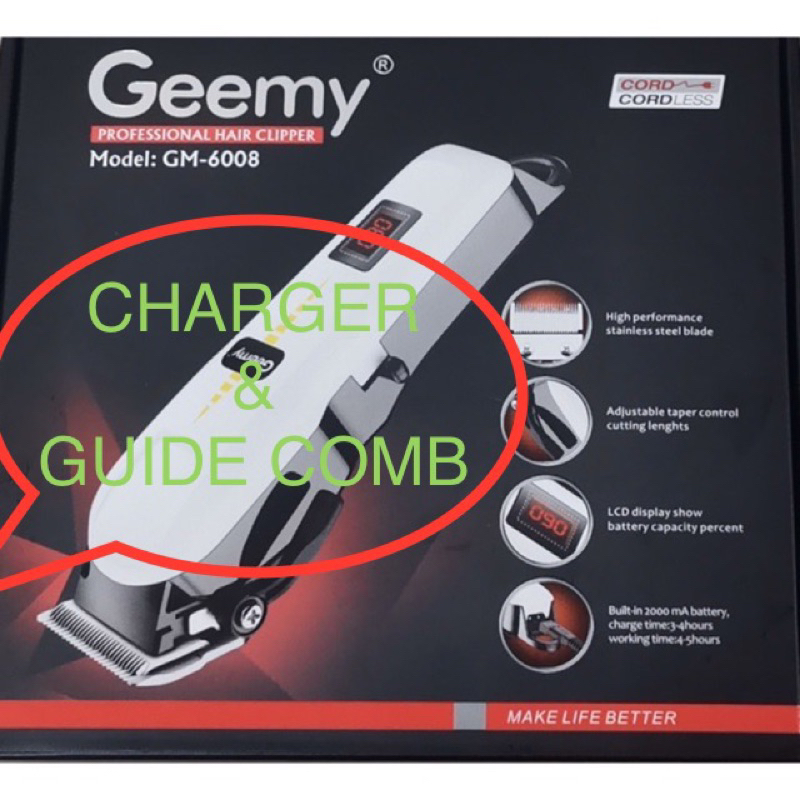 CHARGER & GUIDE COMB ORIGINAL GM 6008 Rechargeable Gemei ProGemei Geemy Hair Clipper Hair Cutter ...