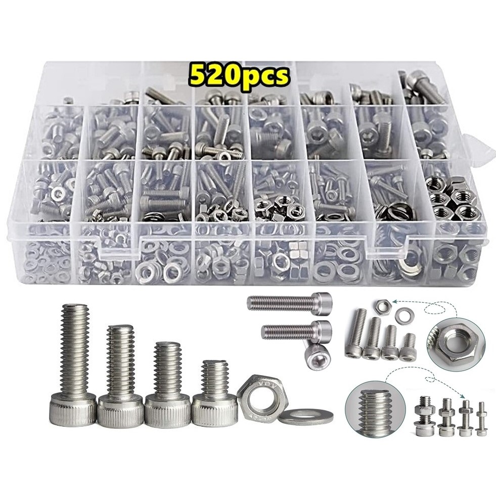 520pcs Skru Hexagon Nat Screw Nut M3 M4 M5 M6 Cap Socket Head Screw Stainless Steel Hex Bolt Nut ...