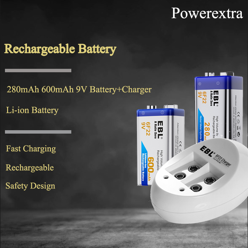 1Pcs 9V Ni-MH 280mAh 9V Li-ion 600mAh 6F22 Battery Rechargeable Cell ...