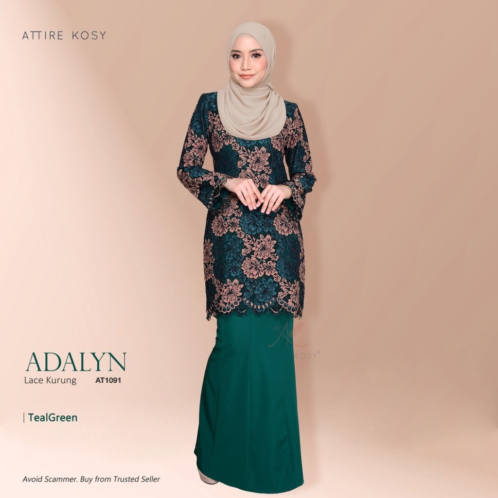 Tema Teal Green Baju Kurung Dewasa Plus size Lace Moden Tunang ...