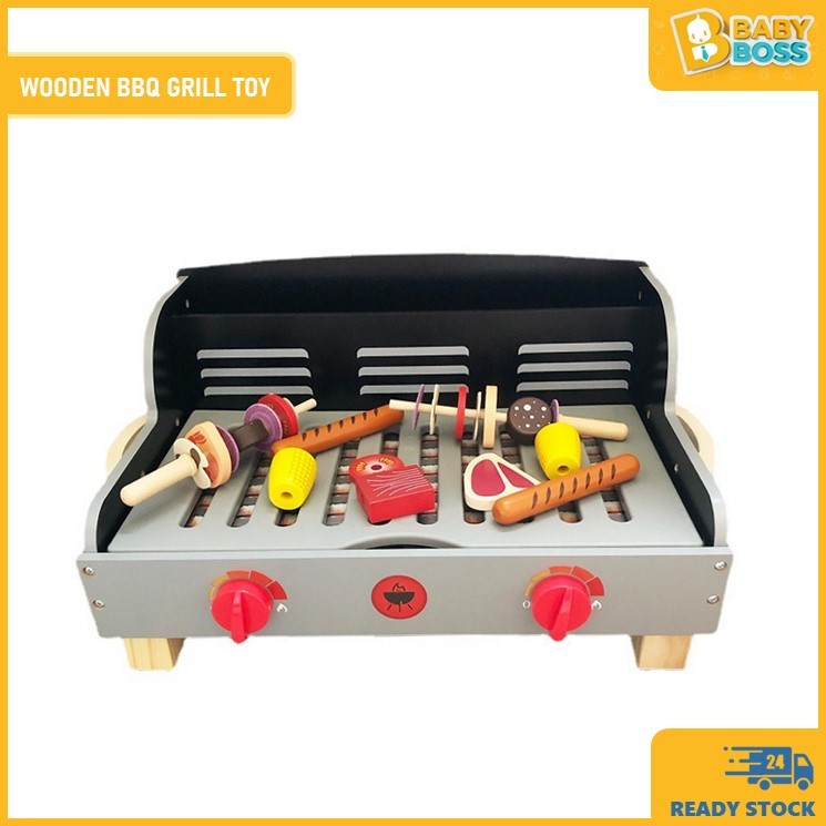 BabyBoss Wooden Barbeque BBQ Grill Toy Playset with Food and Grilling ...