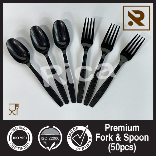 Rica [50pcs] Premium 7" Inches Disposable PS Plastic Spoon & Fork Black ...