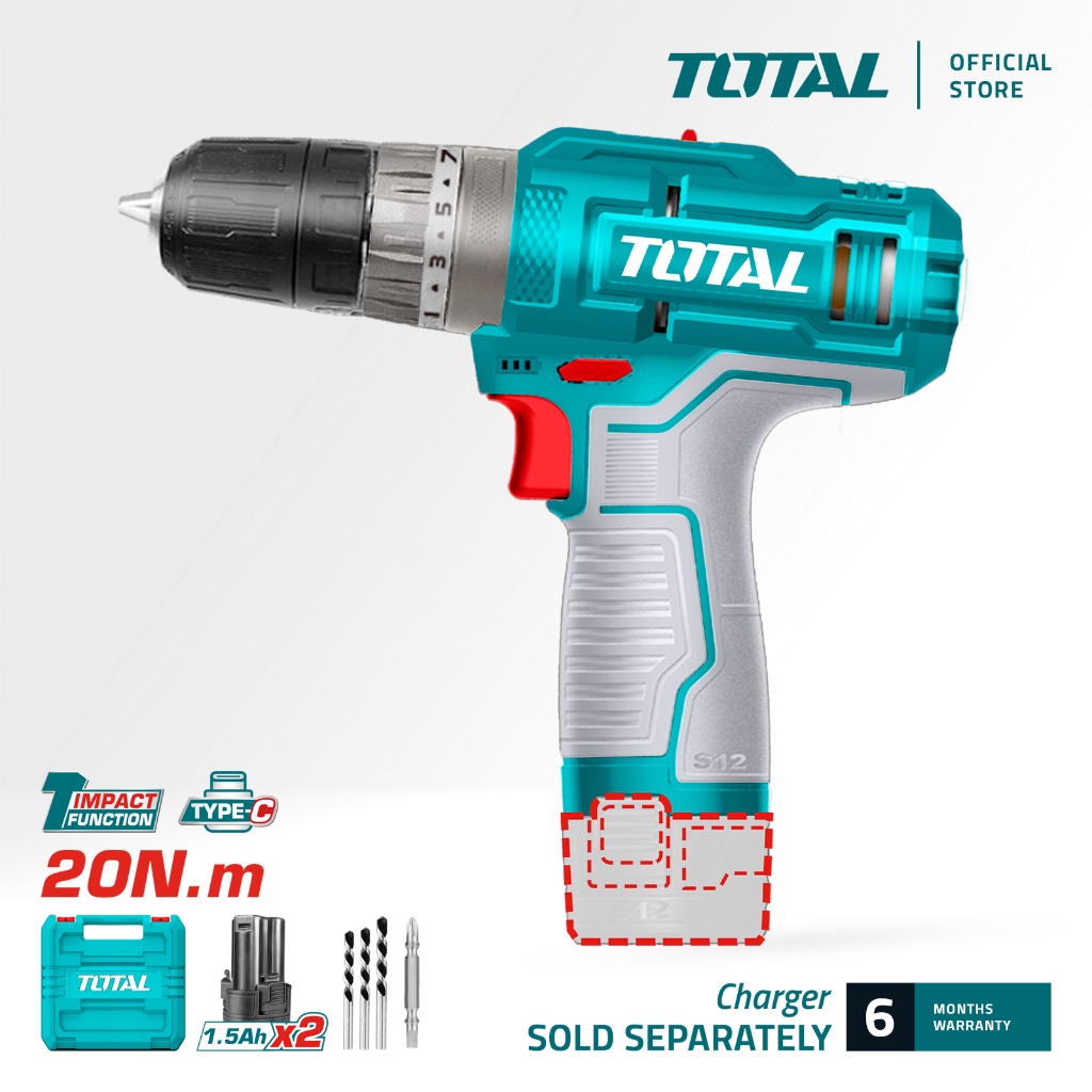 TOTAL Li-ion Impact Drill (12V/20Nm/10mm) 2 Speed + 1.5Ah Battery (2 ...