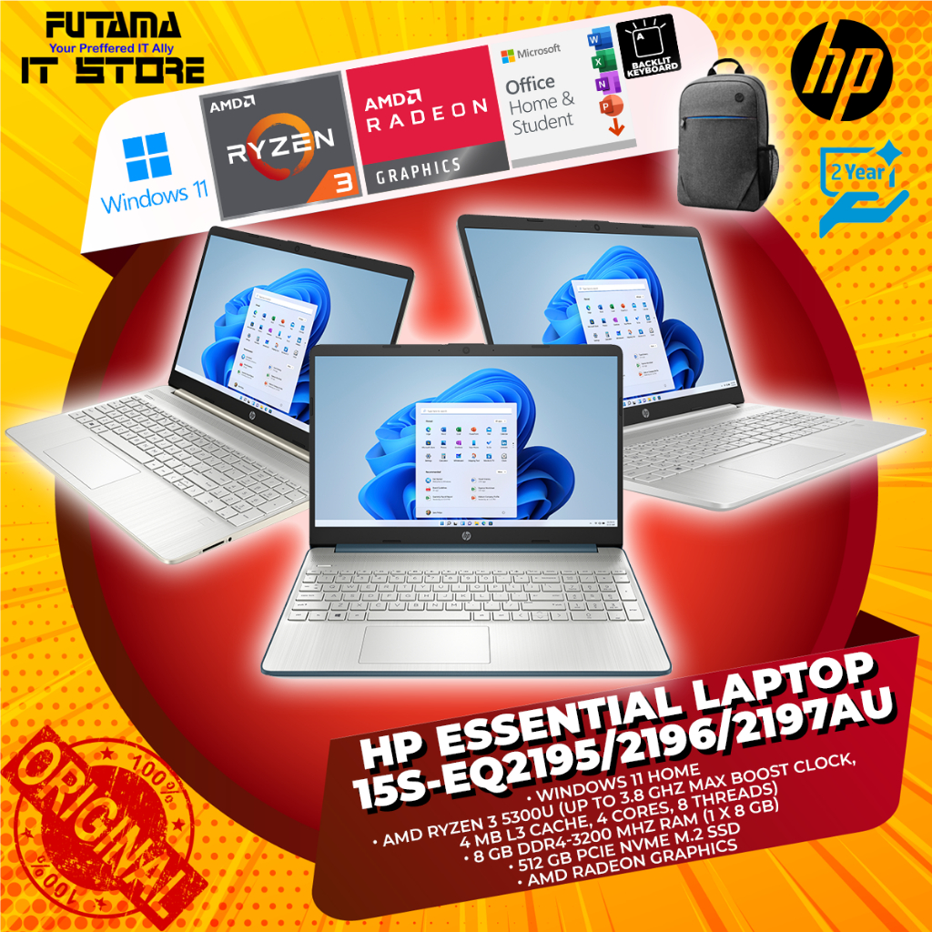 HP 15.6" Essential Laptop 15s-eq2195/2196/2197AU - AMD Ryzen 3 5300U ...