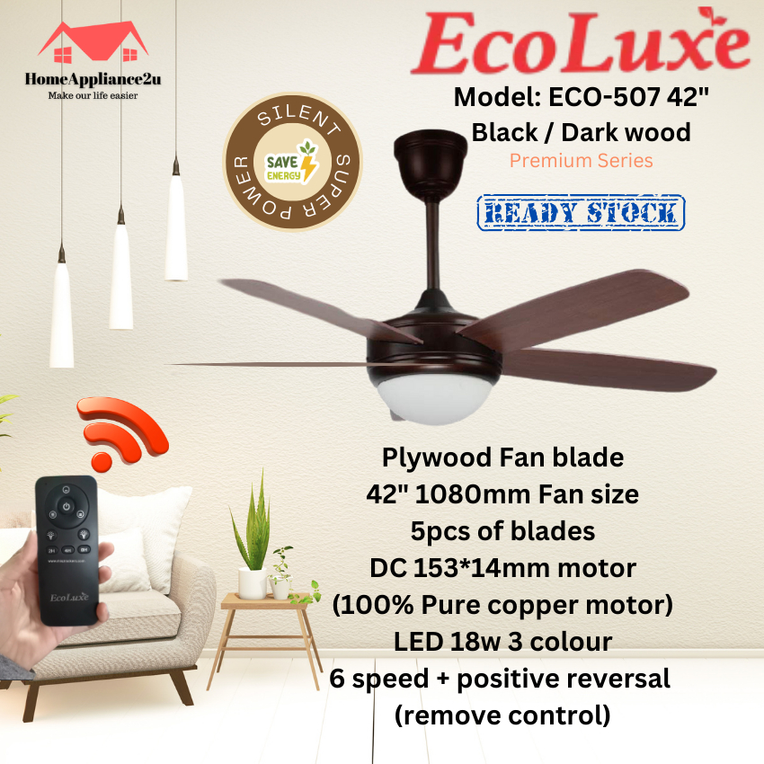 Ecoluxe Ceiling Fan Kipas Siling DC Motor with LED Light 3 colors (42 ...