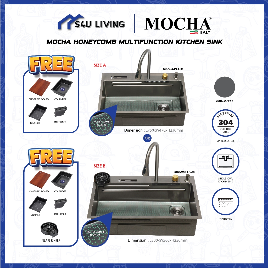 [ Mocha Honeycomb Waterfall Sink ] SUS304 Material 80cm Sinki Dapur ...