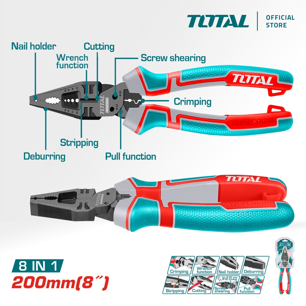 TOTAL 8-in-1 Multi-function Combination Pliers (8") Crimping, Nail ...