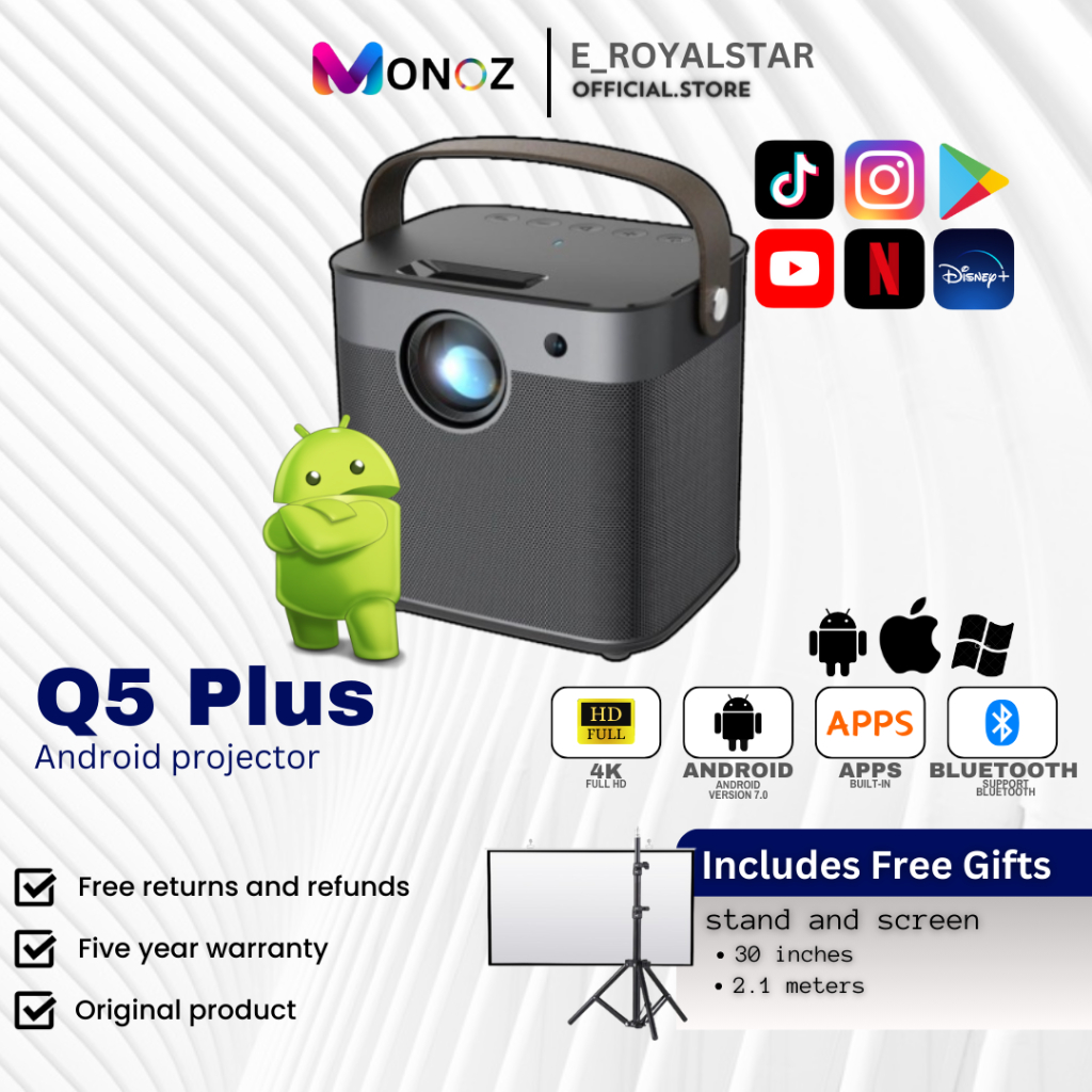 MONOZ Q5 PLUS Projector 12800 Lumens Android 12 Mini Portable Projector 4K Ultra HD Wifi ...