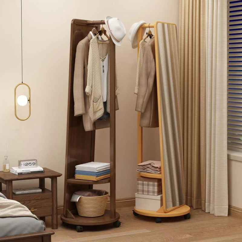 MILLER Nordic Solid Wood Stand Mirror Rotatable Body Hanger Rack Shelf ...