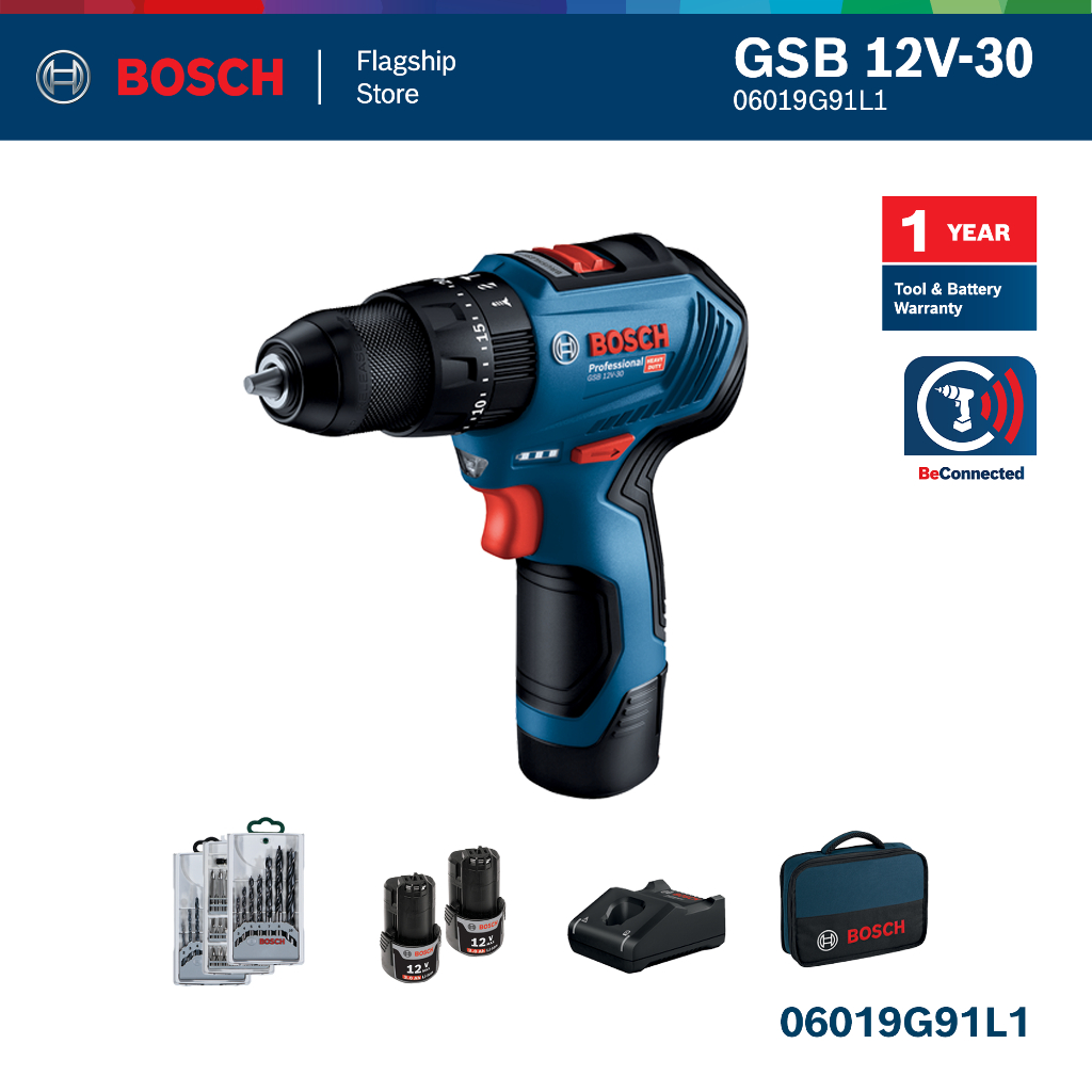BOSCH GSB 12V-30 Brushless Cordless Impact Drill + 39 Accessories + 1 ...