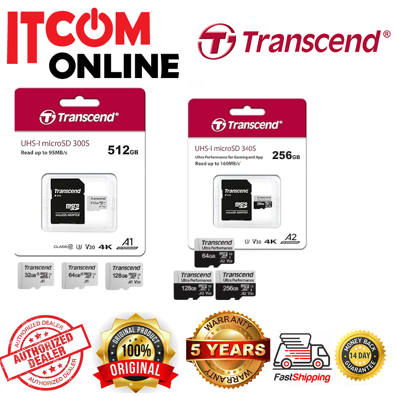 TRANSCEND 300S 340S 32GB/64GB/128GB/256GB/512GB microSD HC10 UHS-I U3 WITH ADAPTER (100MB/40MB ...