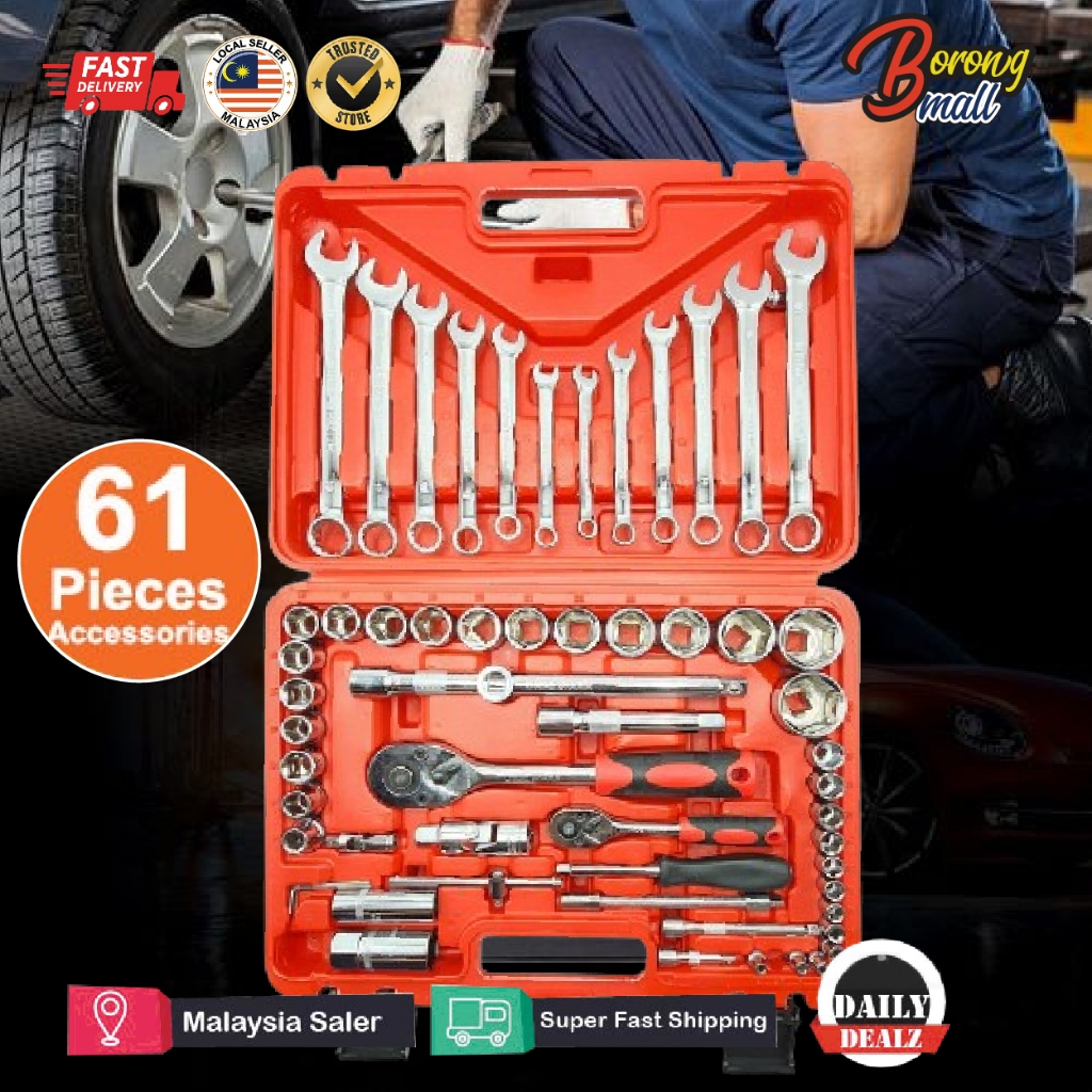 61pcs 1/2" 1/4" Heavy Duty Spanner Wrench Set Socket Ratchet ...