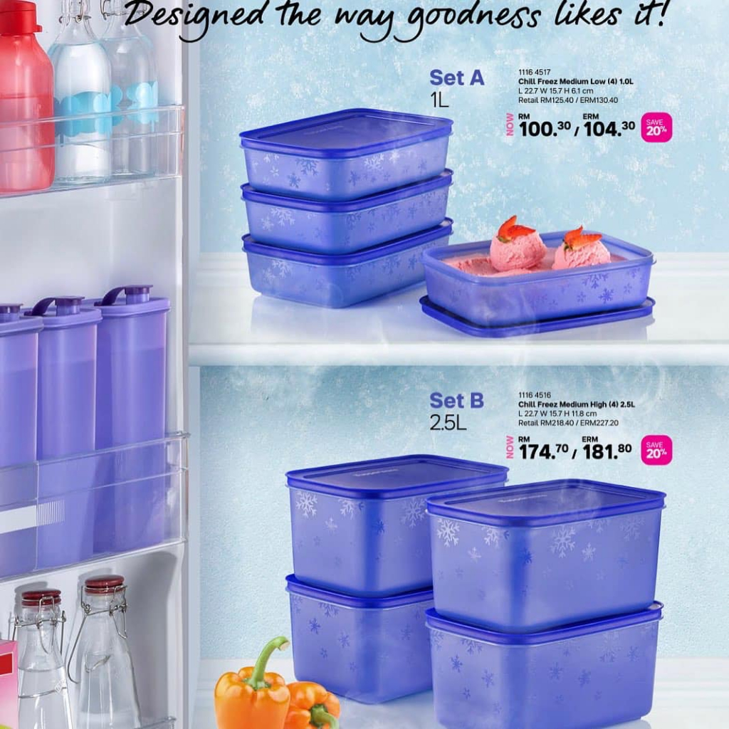 Tupperware Chill Freez Medium High 2.5L/ Medium Low 1L/ Small High 1.1L ...