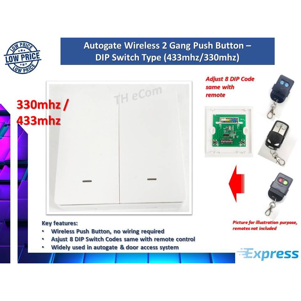 Autogate Wireless 2 Gang Push Button / 2 Gang Switch, battery included ...