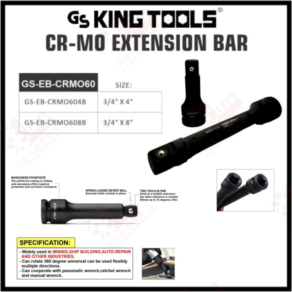 GS KING TOOLS BRAND CR-MO 3/4" EXTENSION BAR GSEBCRMO604B GSEBCRMO608B ...