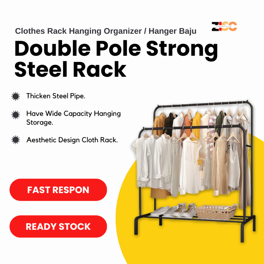 Double Pole Clothes Hanging Rack Rak Simpan Gantung Baju Besi Gantung ...