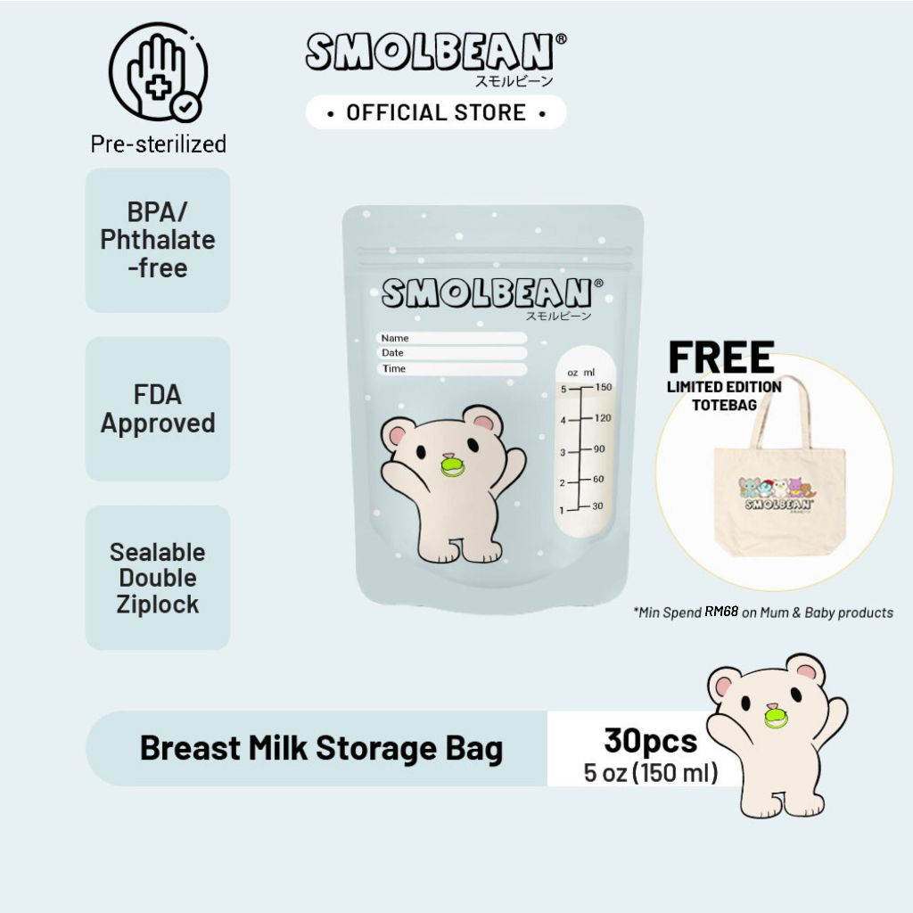 SMOLBEAN 5oz (150ml) Disposable Breast Milk Storage Bag with Sealable Double Ziplock | BPA Free ...