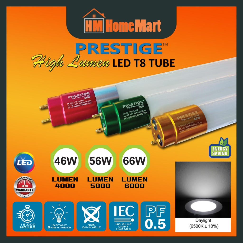 PRESTIGE HIGH LUMEN T8 LED Tube 46W/56W/66W 4FT (6500K)(1 Year Warranty ...