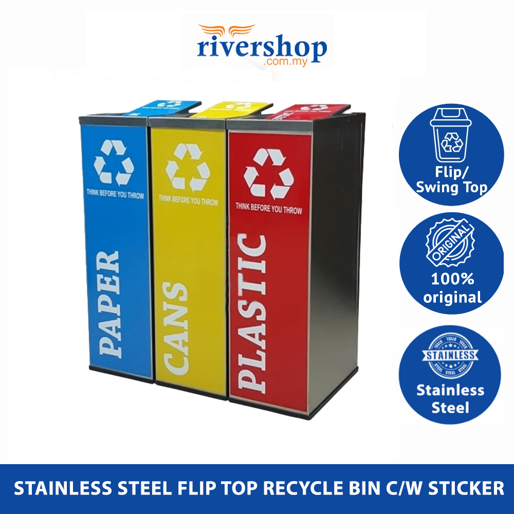Leader 60L STAINLESS STEEL FLIP TOP RECYCLE BIN C/W STICKER (SET 3 IN 1 ...