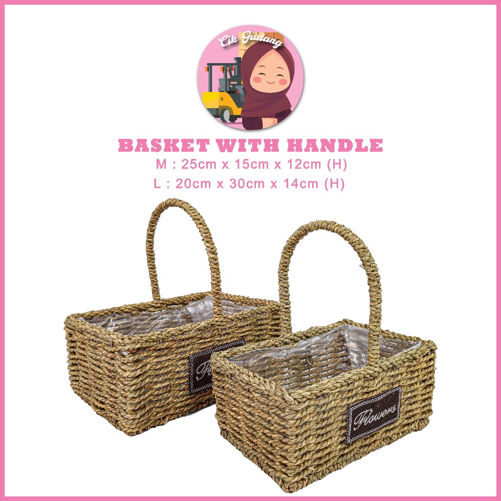 1 SET Rattan Rectangle Flower Basket with Handle / Bakul Raga Rotan ...