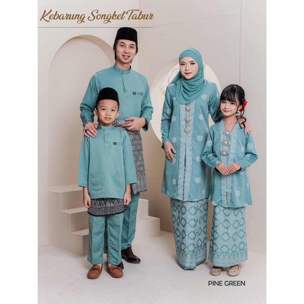 SET FAMILY WARNA PINE GREEN 〕 Baju Melayu + Kebarung Songket Bunga ...
