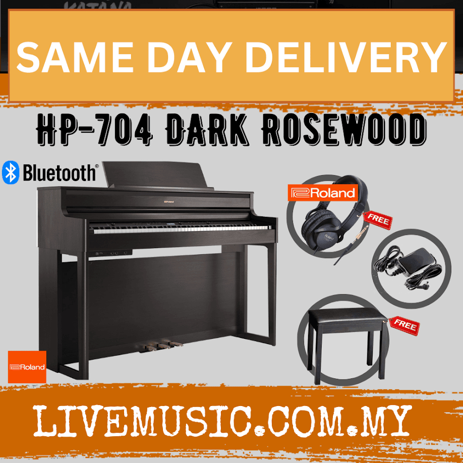 Roland HP704 88-keys Digital Piano with Bench, Stand, RH-5 Headphones, 3 Pedal, Note Stand and ...