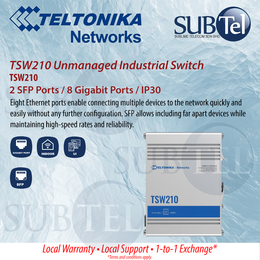 Teltonika TSW210 Unmanaged Industrial Switch 8 ports 1G ETH 2 ports SFP ...