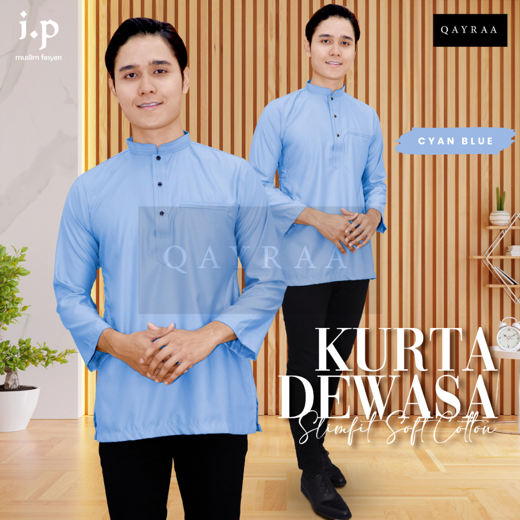 𝐐𝐀𝐘𝐑𝐀𝐀 𝟐𝟎𝟐𝟒 CYAN BLUE BAJU KURTA DEWASA LONG SLEEVE/ KURTA SLIM FIT ...