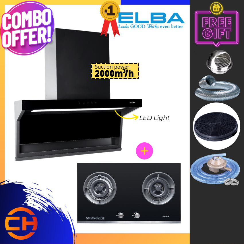 ELBA Designer Hood Monza EH-Q9327ST(BK) 2000m3/hr + Hob Set Dapur Gas ...