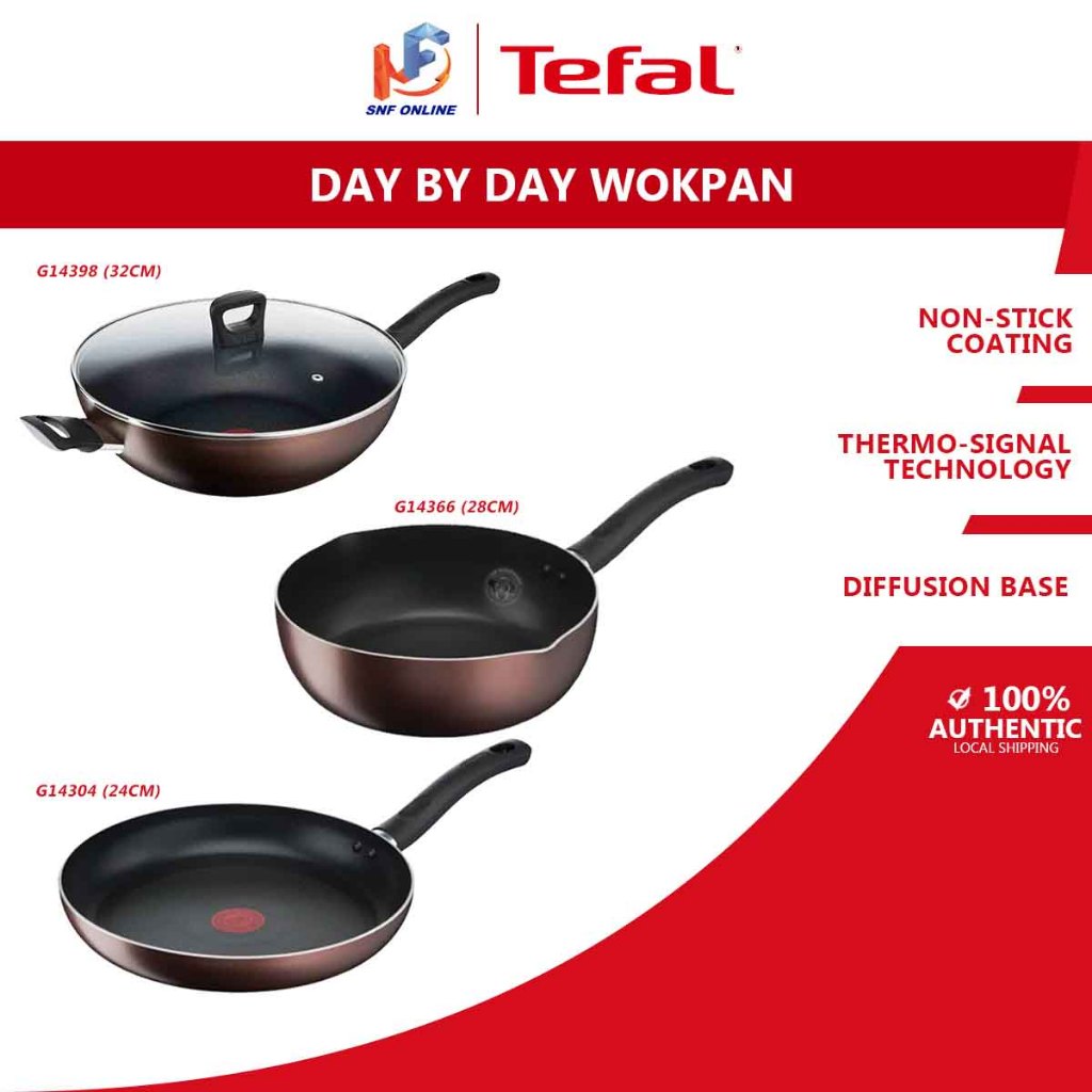 Tefal Kuali Cookware Day By Day Wokpan Pan Non-Stick WIth Lid (32cm) G14398 G1439895 (24cm ...