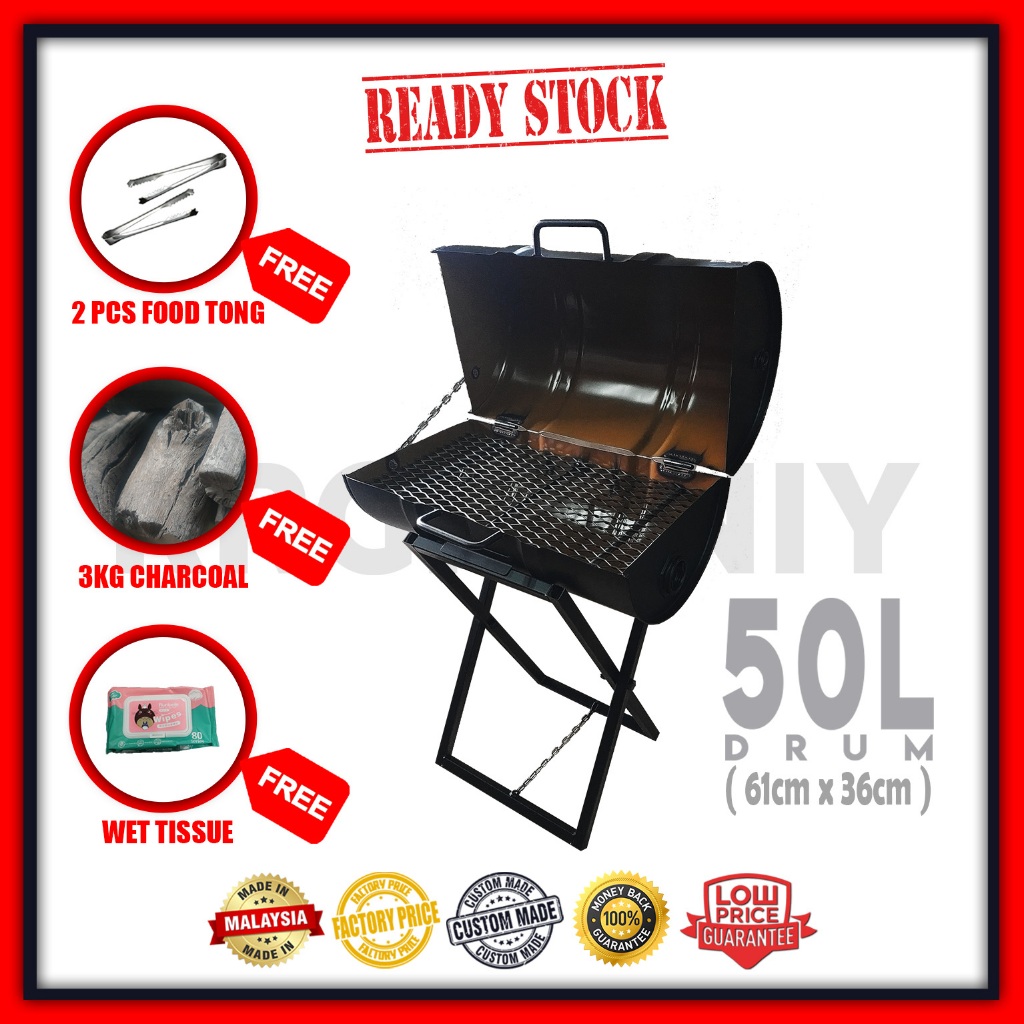BBQ Grill Outdoor Drum Set Tong Drum 50L BBQ Set Complete With Grill Net Medium Size (Full Set ...
