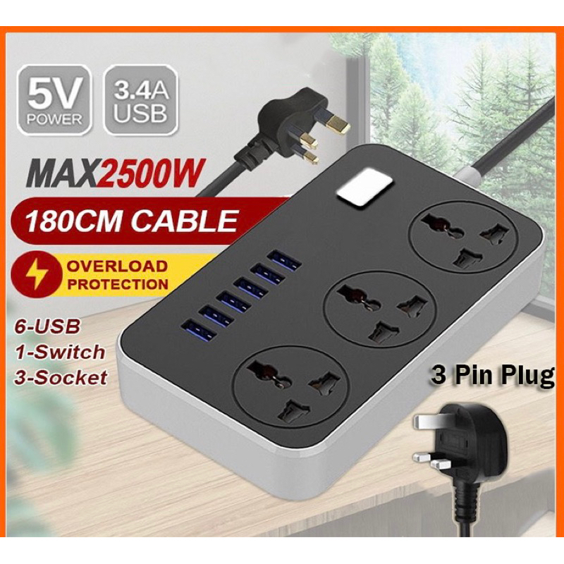 6 USB Port 3 Universal Power Strip Extension Plug Power Socket Electric ...